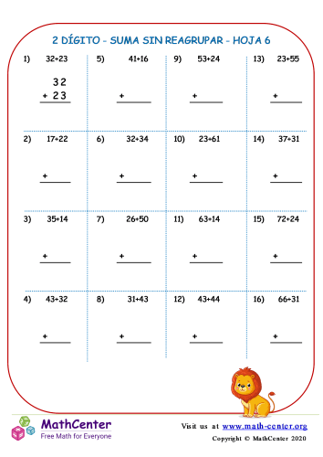 2 Dígito - Suma Sin Reagrupar - Hoja 6 | Hojas de trabajo | Math Center