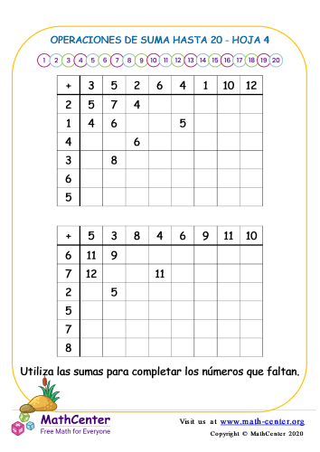 Operaciones De Suma Hasta 20 Hoja 4 | Hojas de trabajo | Math Center
