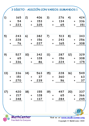 3 Dígito - Adición Con Varios Sumandos 1 | Hojas de trabajo | Math Center