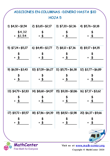Cuarto grado Hojas de trabajo: Sumar Dinero | Math Center