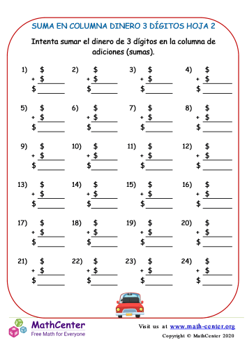 Cuarto grado Hojas de aprendizaje: Sumar Dinero | Math Center