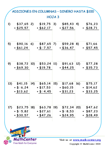 Quinto Grado Hojas de trabajo: Sumar Dinero | Math Center
