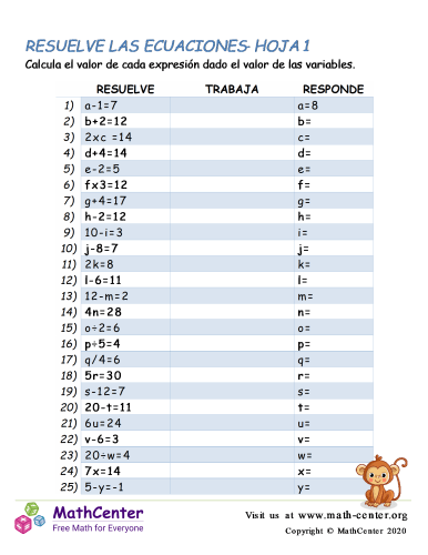 Cuarto grado Hojas de trabajo: Ejercicios de Ecuaciones Algebraicas ...