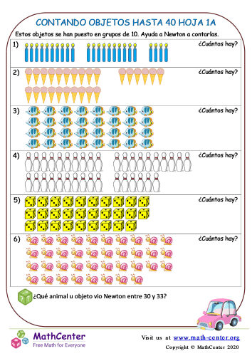 Contando Objetos Hasta 40 Hoja 1A | Hojas de trabajo | Math Center