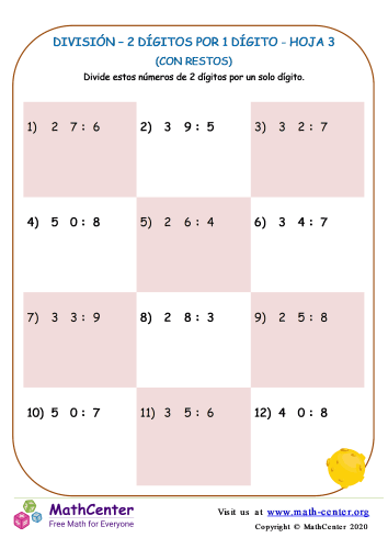 División – 2 Dígitos Por 1 Dígito Hoja 3 | Hojas de trabajo | Math Center