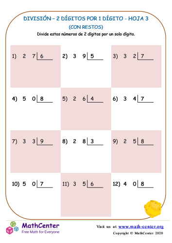División – 2 Dígitos Por 1 Dígito Hoja 3 | Hojas de trabajo | Math Center