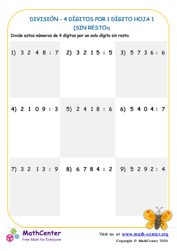 Cuarto grado Hojas de trabajo: Dividir por Una Cifra | Math Center