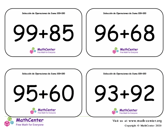 Selección de Operaciones de Suma Hasta 100 + 100 Tarjetas didácticas ...