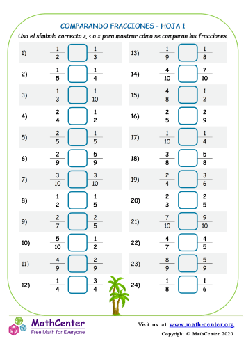 Cuarto grado Hojas de trabajo: Comparar Fracciones | Math Center