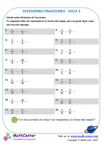 Dividiendo Fracciones Hoja 3 | Hojas de trabajo | Math Center
