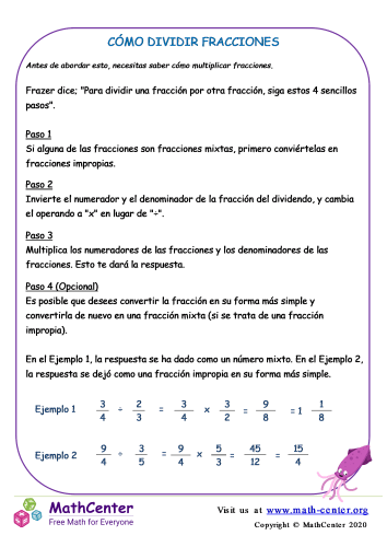 Cómo Dividir Fracciones | Hojas de aprendizaje | Math Center