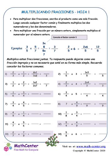 Quinto Grado Hojas de trabajo: Multiplicar Fracciones | Math Center