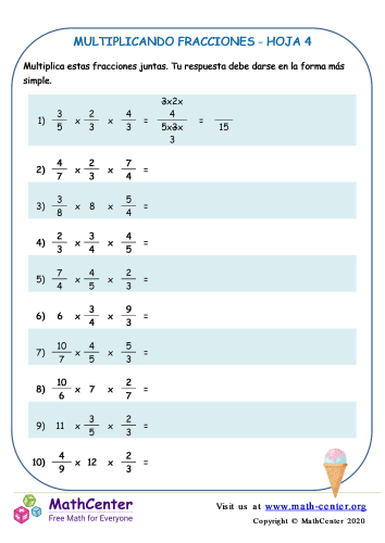 Quinto Grado Hojas de trabajo: Multiplicar Fracciones | Math Center