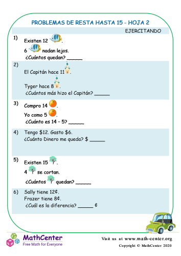 Problemas De Resta Hasta 15 Hoja 2 | Hojas de trabajo | Math Center