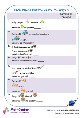 Problemas De Resta Hasta 20 Hoja 3 | Hojas de trabajo | Math Center