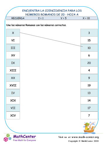 Une los números romanos hasta 20 | Hojas de trabajo | Math Center