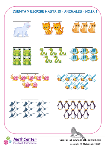 Cuenta Y Escribe Hasta 10 Animales Hoja 1 | Hojas de trabajo | Math Center