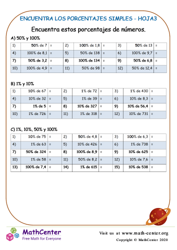 Encuentra Los Porcentajes Simples - Hoja3 | Hojas de trabajo | Math Center