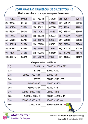 Cuarto grado Hojas de trabajo: Números de Varias Cifras | Math Center
