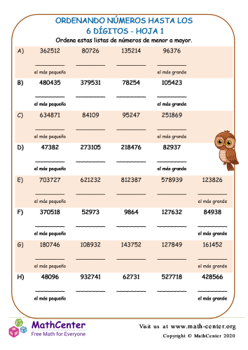 Ordenando Números Hasta Los 6 Dígitos Hoja 1 | Hojas de trabajo | Math ...