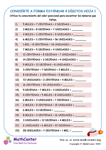 Convierte A Forma Estándar 4 Dígitos Hoja 1 | Hojas de trabajo | Math ...