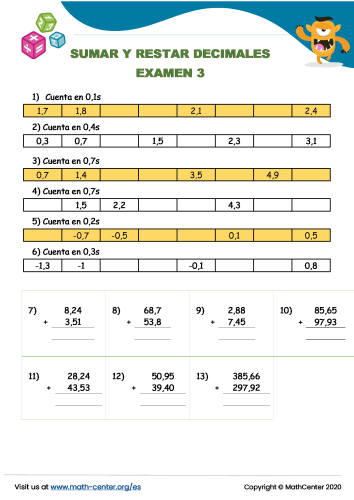 Sumar Y Restar Decimales Examen 3 | Pruebas | Math Center