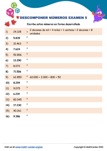 Descomponer Números Examen 5 | Pruebas | Math Center