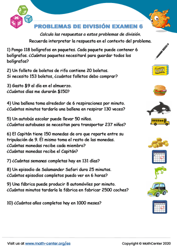 Problemas De División Examen 6 | Pruebas | Math Center
