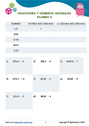 Fracciones Y Números Decimales Examen 4 | Pruebas | Math Center