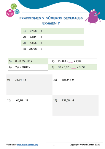 Fracciones Y Números Decimales Examen 7 | Pruebas | Math Center