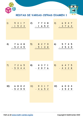 Tercer Grado Pruebas: Restas de Varias Cifras Con Llevadas | Math Center