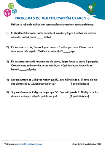Tercer Grado Pruebas: Problemas de Multiplicación | Math Center