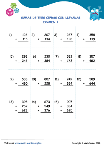 Sumas De Tres Cifras Con Llevadas Examen 1 | Pruebas | Math Center