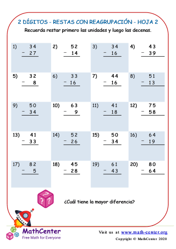 2 Dígito - Resta Con Reagrupación - Hoja 2 | Hojas de trabajo | Math Center