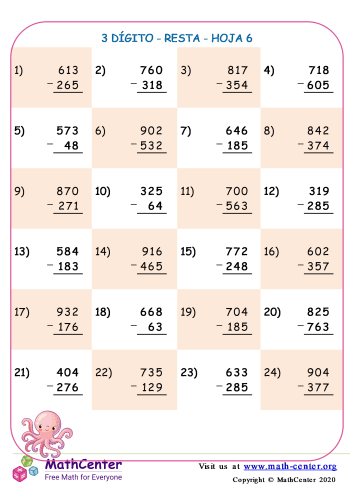Tercer Grado Hojas de trabajo: Restas de Tres Cifras Con Llevadas | Math Center
