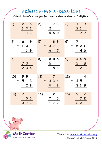 3 Dígito - Resta - Desafíos 1 | Hojas de trabajo | Math Center