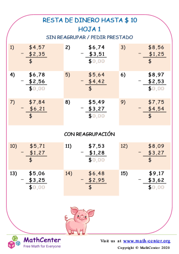 Quinto Grado Hojas de trabajo: Restar Dinero | Math Center