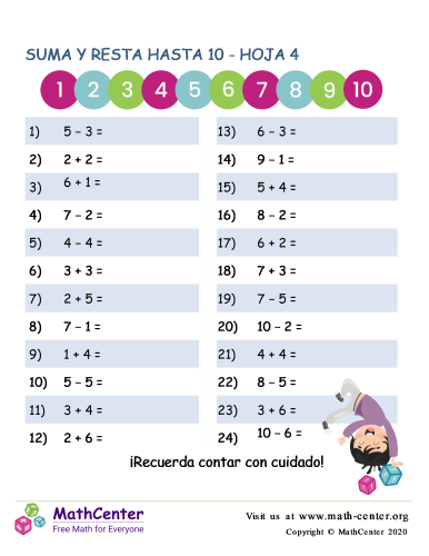 Suma Y Resta Hasta 10 Hoja 4 | Hojas de trabajo | Math Center