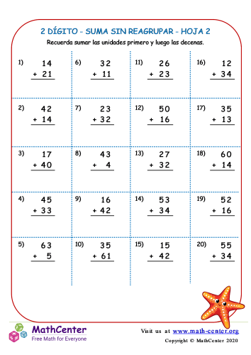 2 Dígito - Suma Sin Reagrupar - Hoja 2 | Hojas de trabajo | Math Center