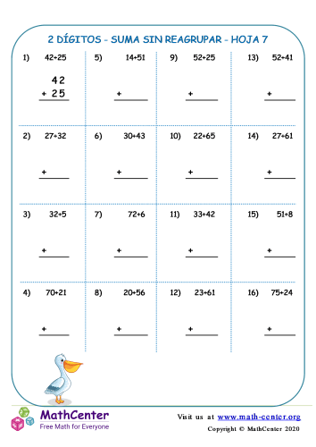 2 Dígito - Suma Sin Reagrupar - Hoja 7 | Hojas de trabajo | Math Center