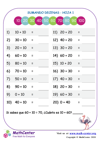 Primer Grado Hojas de trabajo: Sumas Mentales de Dos Cifras | Math Center