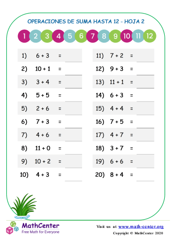 Operaciones De Suma Hasta 12 Hoja 2 | Hojas de trabajo | Math Center