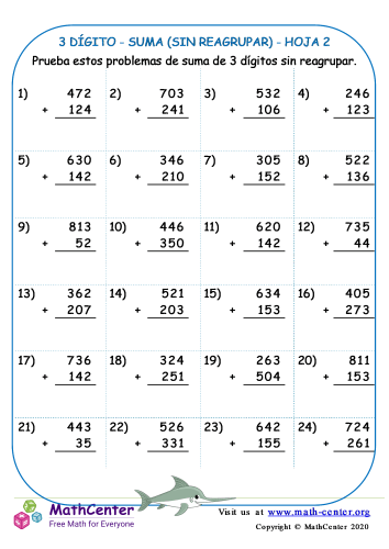 3 Dígito - Suma (Sin Reagrupar) - Hoja 2 | Hojas de trabajo | Math Center