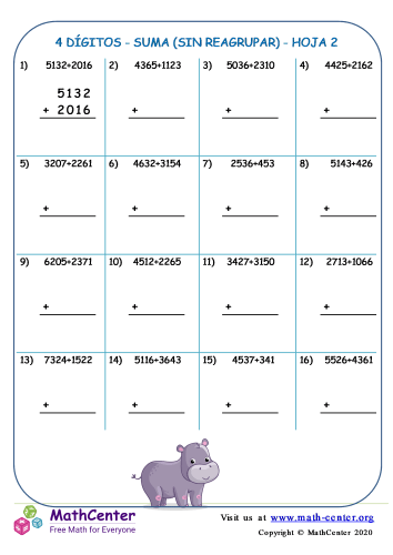 4 Dígito - Suma (Sin Reagrupar) - Hoja 2 | Hojas de trabajo | Math Center