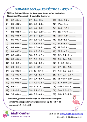 Cuarto grado Hojas de trabajo: Sumar Decimales | Math Center