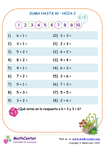 Suma Hasta 10 Hoja 2 | Hojas de trabajo | Math Center