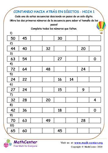 Contando Hacia Atrás En Dígitos Hoja 1 | Hojas de trabajo | Math Center