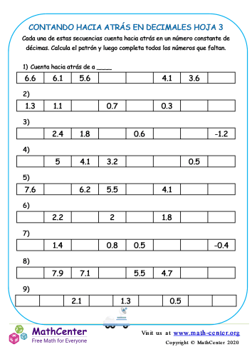 Contando Hacia Atrás En Decimales Hoja 3 | Hojas de trabajo | Math Center
