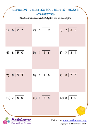 División – 2 Dígitos Por 1 Dígito Hoja 3 | Hojas de trabajo | Math Center