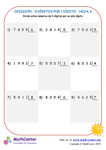 División – 4 Dígitos Por 1 Dígito Hoja 3 | Hojas de trabajo | Math Center